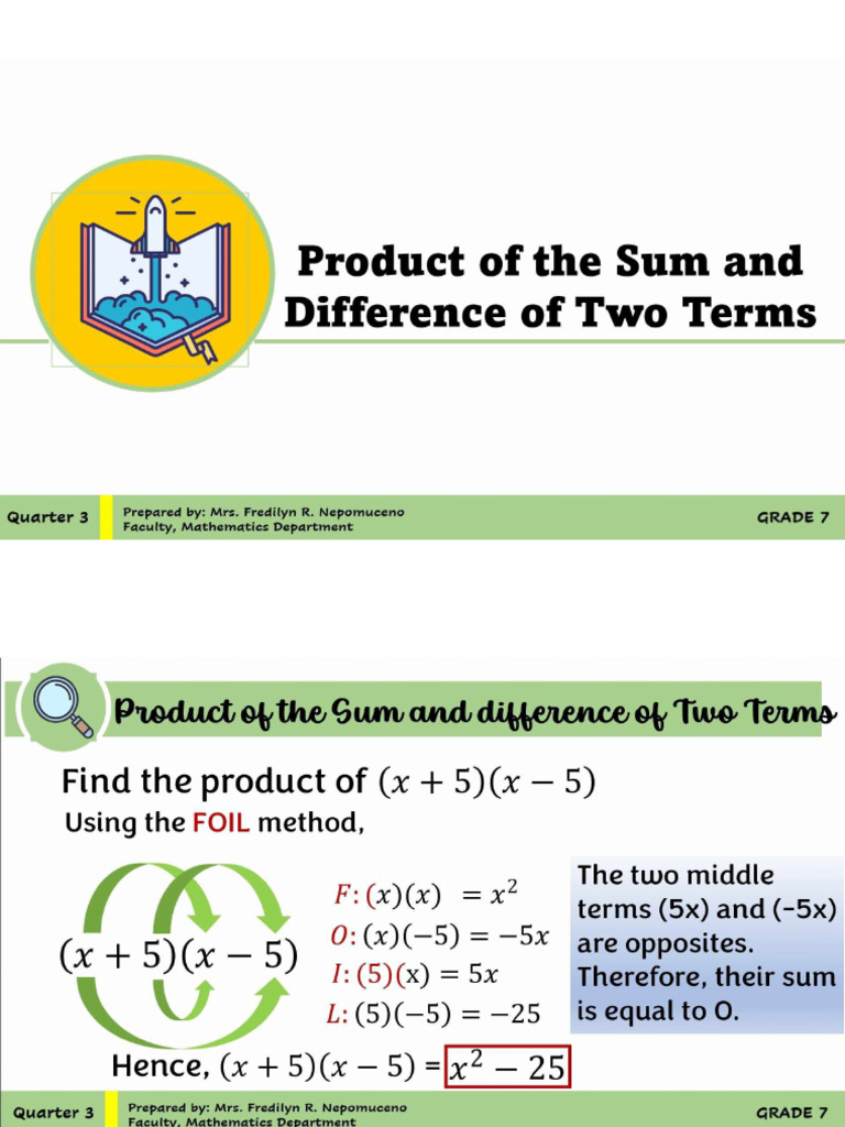 Product of The Sum and Difference of Two Terms | PDF