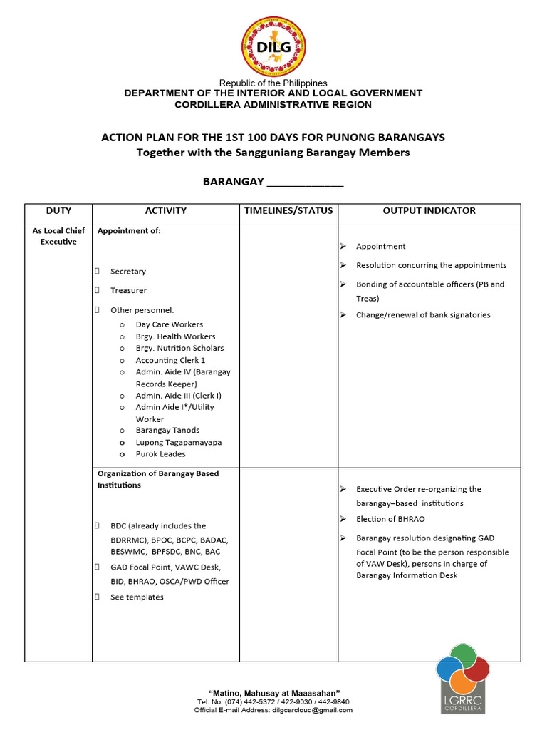 Action Plan For The 1ST 100 Days For Punong Barangays | PDF | Government