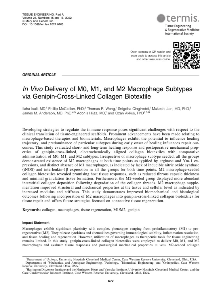 2022 in Vivo M0, M1, M2 Macrophage Subtypes Genipin-Cross-Linked ...