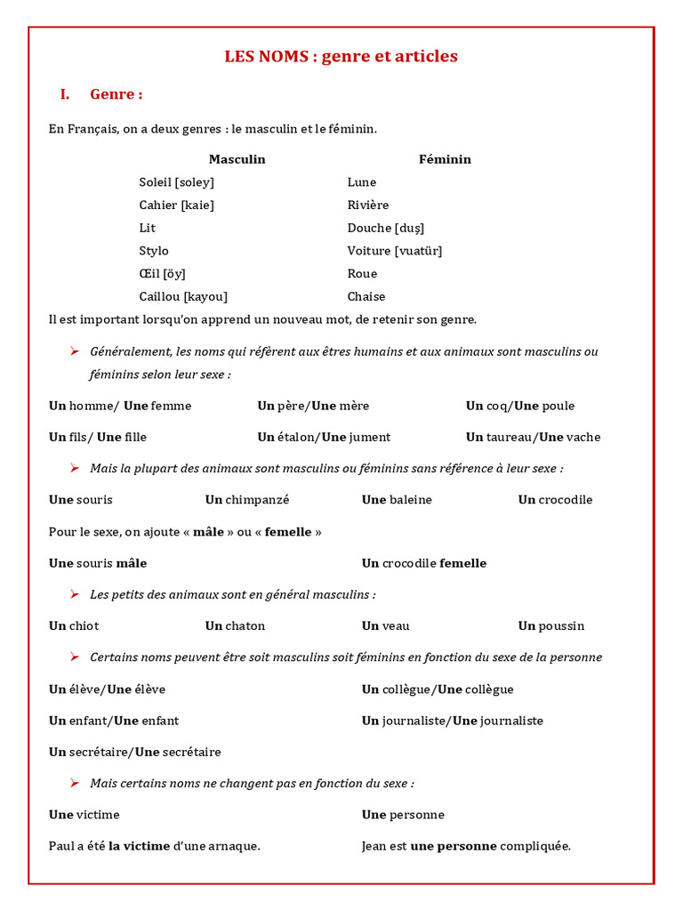 Les Noms - Genre Et Articles | PDF | Genre grammatical