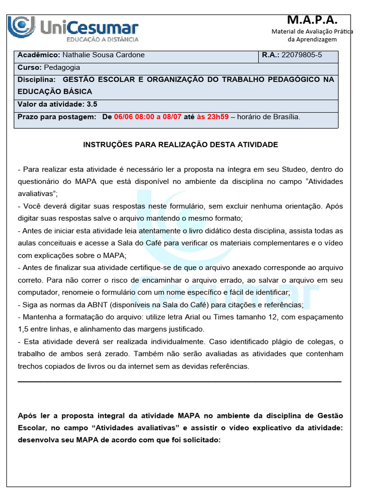Mapa Gestão Escolar Unicesumar | PDF | Pedagogia | Escolas