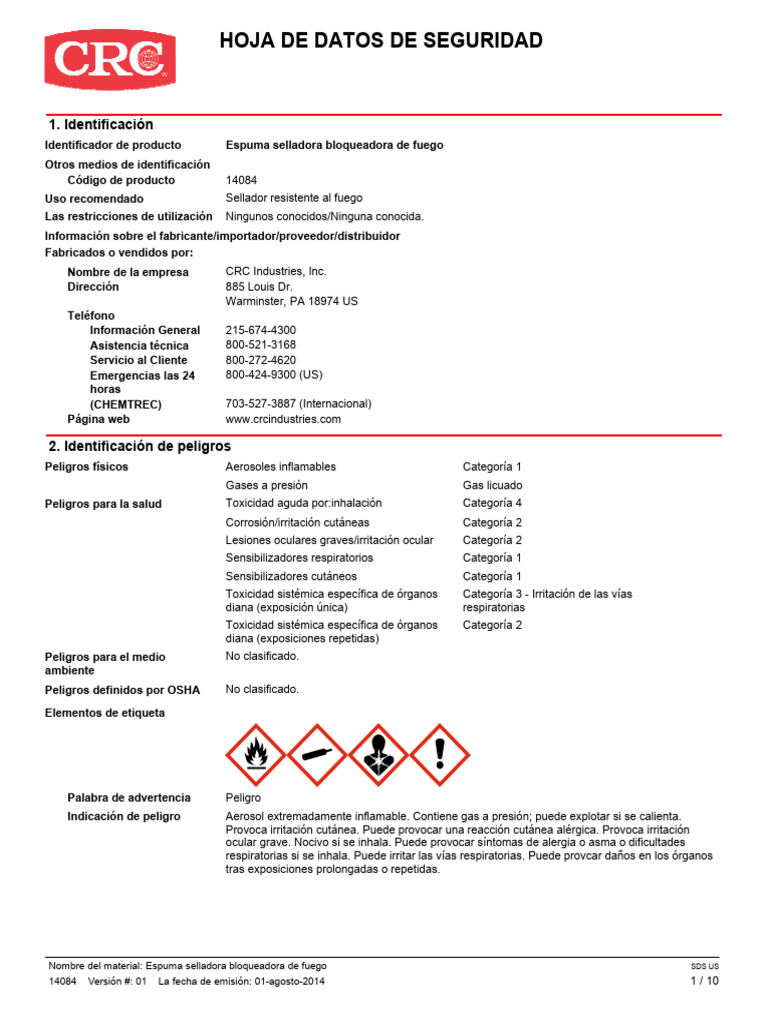 CRC Bloqueador de Fuego MSDS | PDF | Alergia | Agua