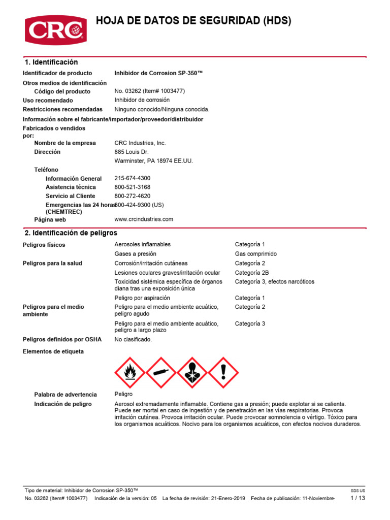 MSDS CRC SP 350 | PDF | Queroseno | Petróleo