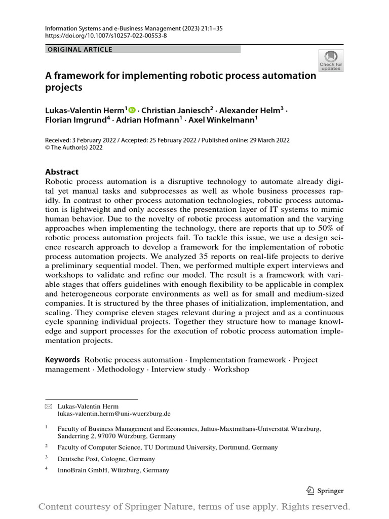 A Framework For Implementing Robotic Process Autom | PDF | Business Process Management | Automation
