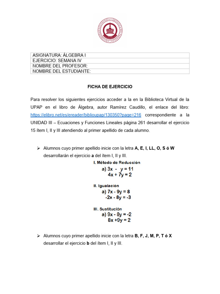 Semana Iv - Ficha - Álgebra I | PDF Semana Iv - Ficha - Álgebra I | PDF