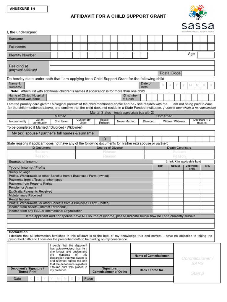 Child Support Grant Affidavit | PDF | Marriage | Divorce