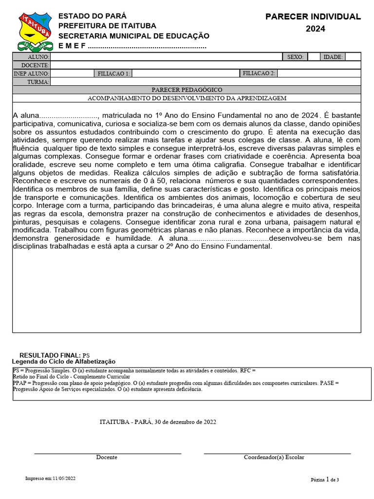 Parecer 1º Ano 2024 | PDF | Pedagogia