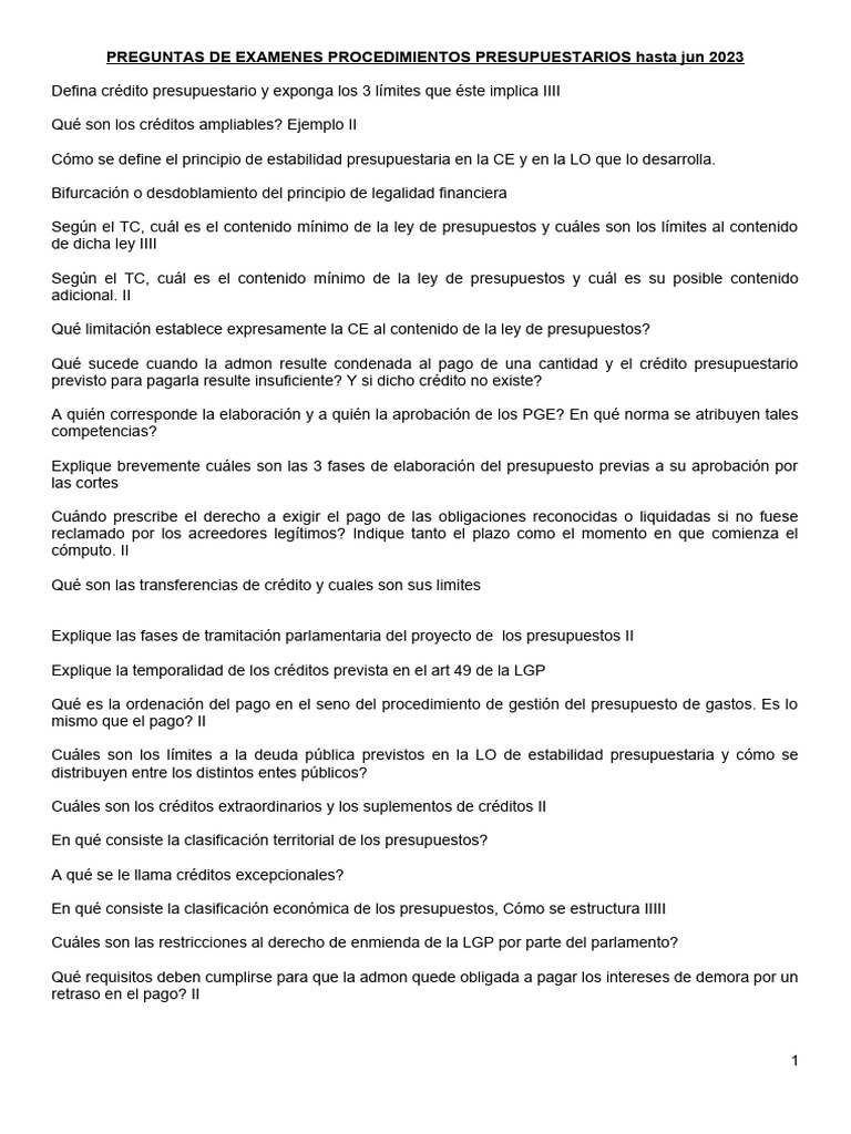 PREGUNTAS DE EXAMENES PROCEDIMIENTOS PRESUPUESTARIOS Hasta Jun 2023 UNED CIENCIAS JURÍDICAS ...
