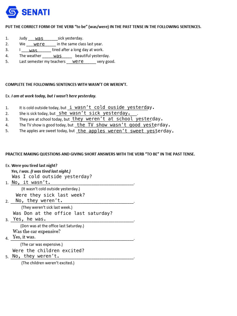 Put The Correct Form of The Verb "To Be" (Was/Were) in The Past Tense ...