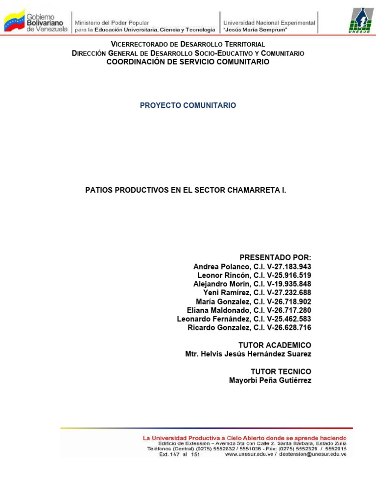 PROYECTO DE SERVICIO COMUNITARIO PATIOS AGROECOLOGICOS EN LA COMUNIDAD ...