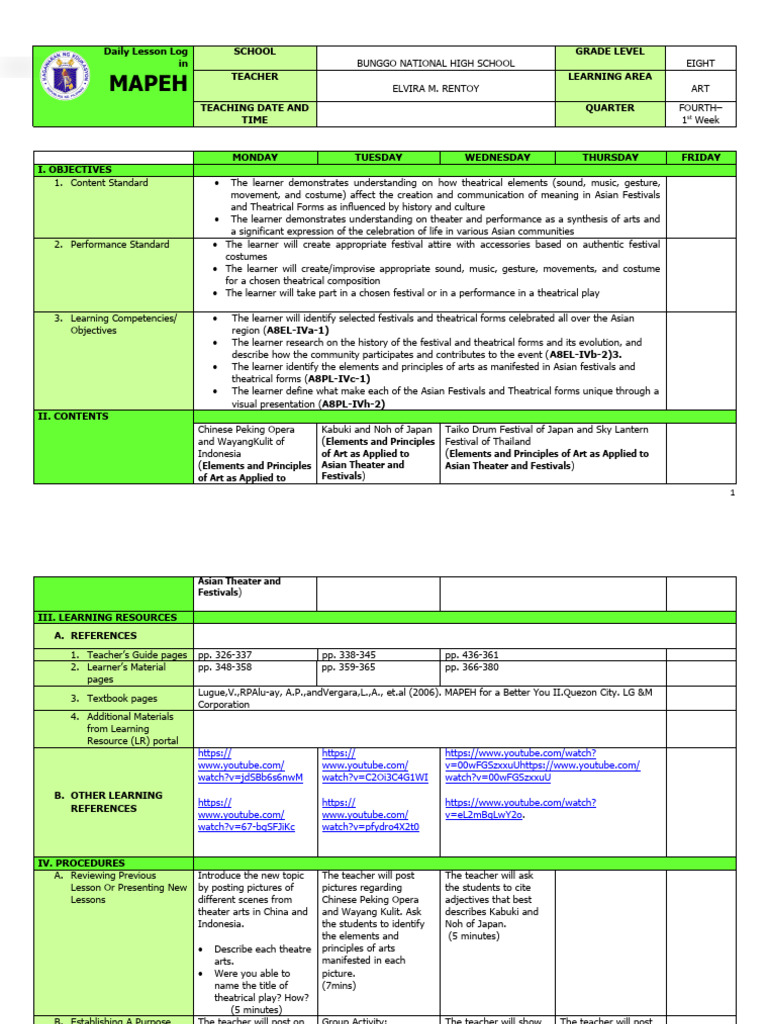 Grade 8 Arts: Asian Theater Lessons | PDF | Choreography | Theatre