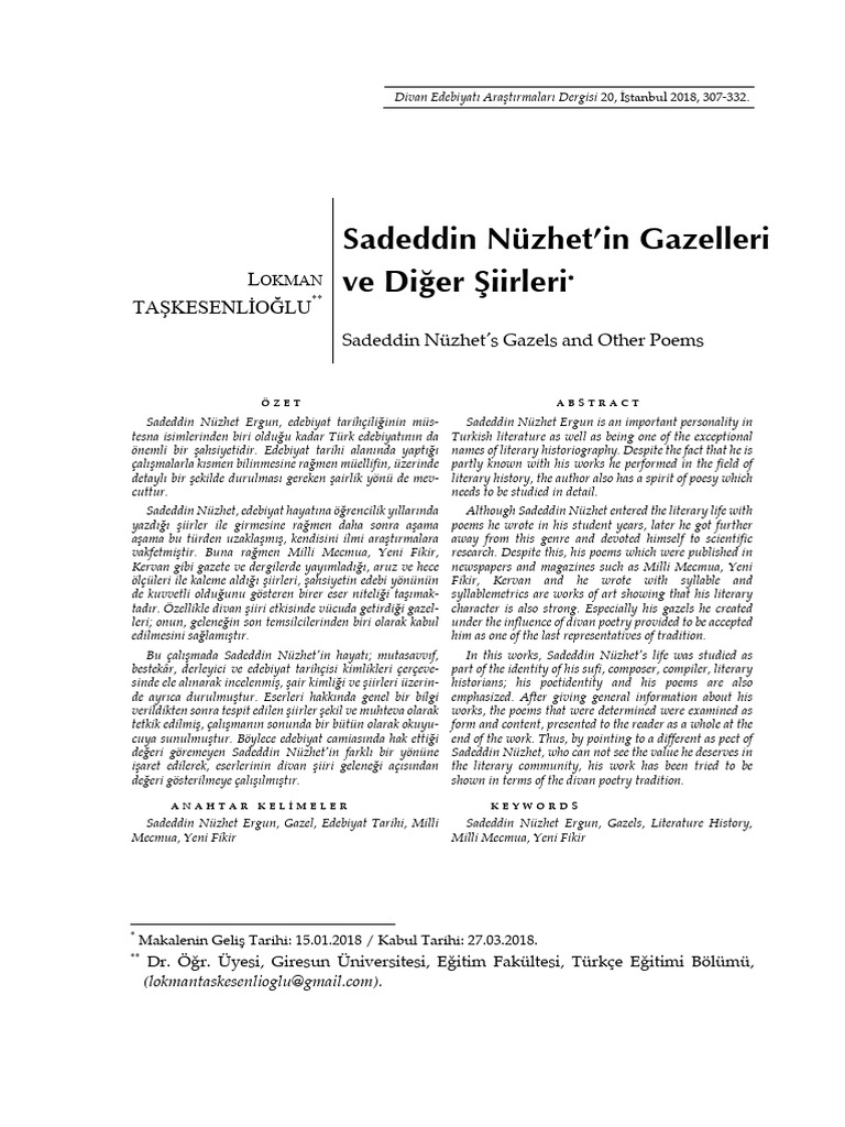 Sadeddin Nüzhet Gazelleri Ve Diğer Şiirleri | PDF