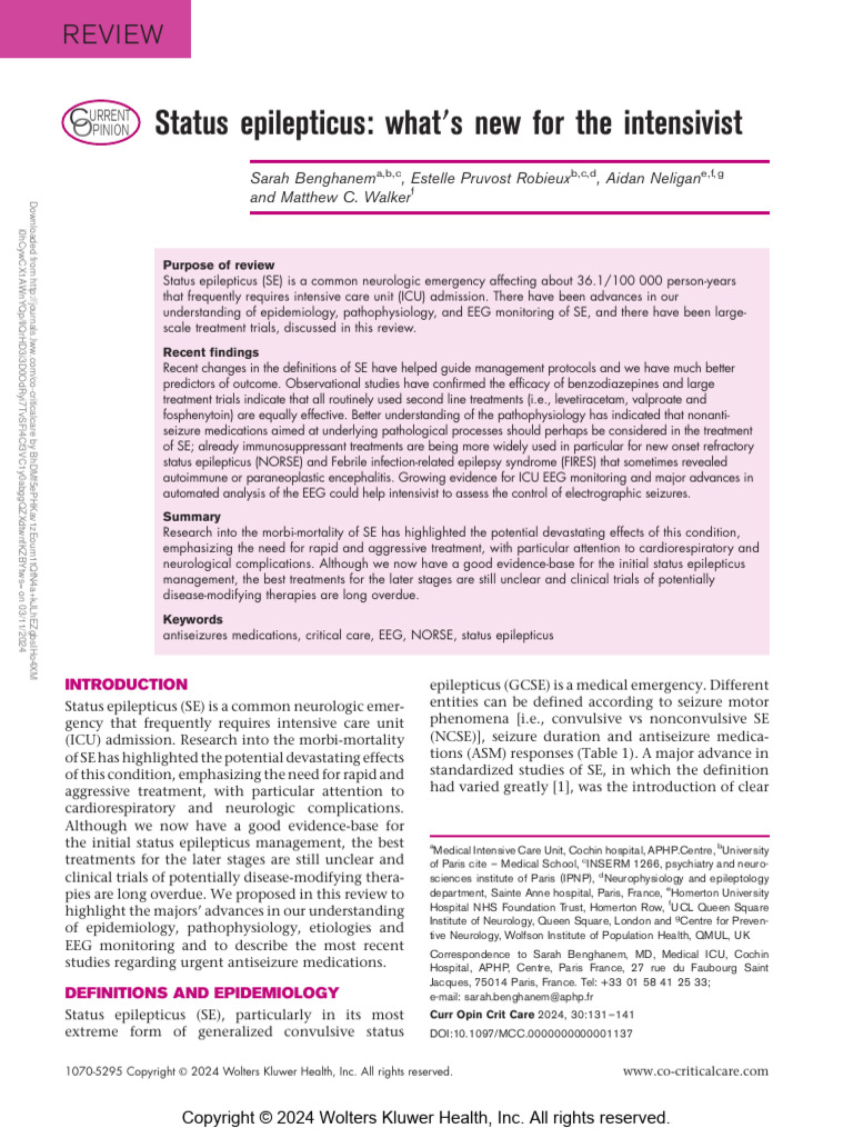 Status Epilepticus What's New For The Intensivist | PDF | Epilepsy ...