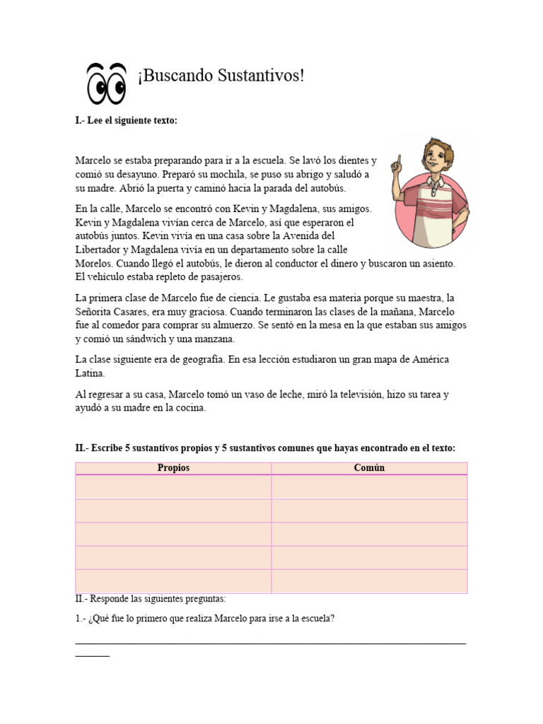 Comprensión lectora + sustantivos | PDF