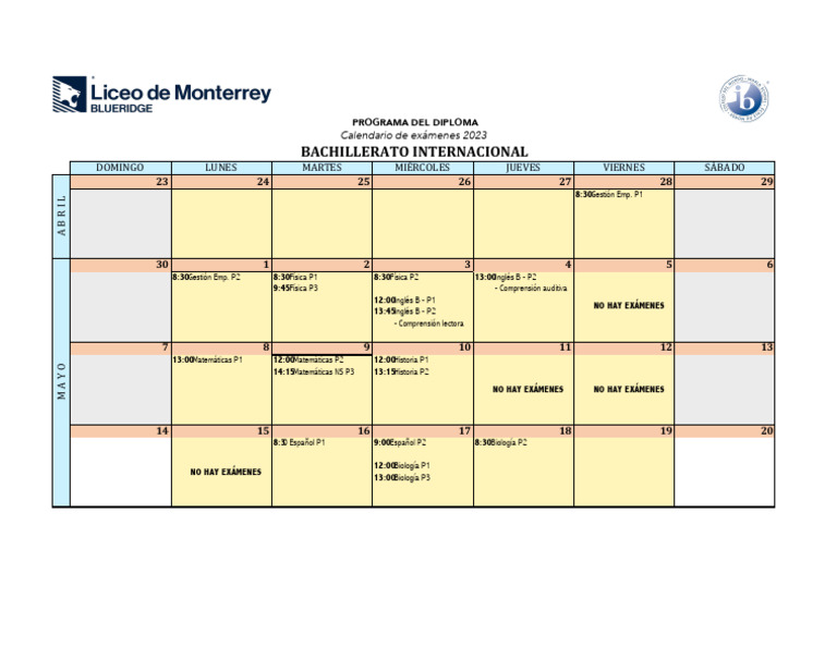 Examenes IB 2023 Horario | PDF