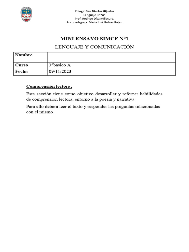 Ensayo simce lenguaje 3°A | PDF