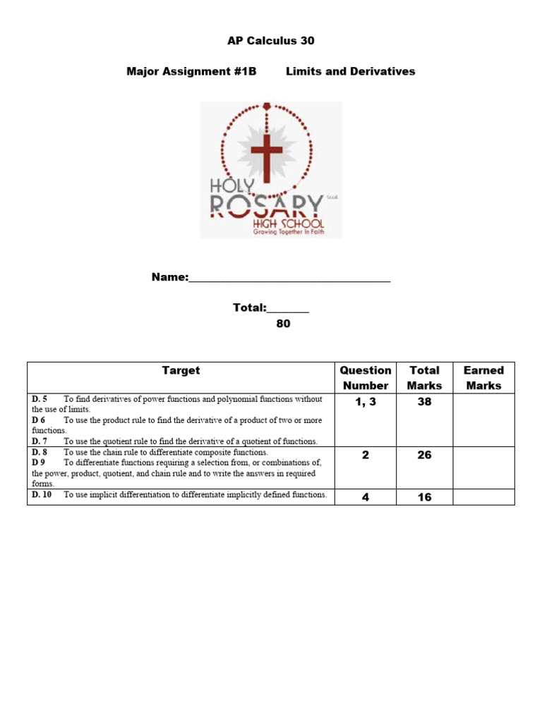 Major Assignment 1B Limits and Derivatives | PDF | Derivative | Function (Mathematics)