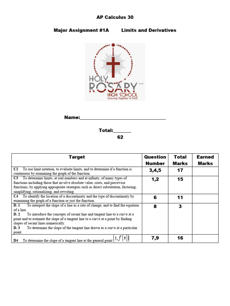 Major Assignment 1A Limits and Derivatives | PDF | Tangent | Derivative
