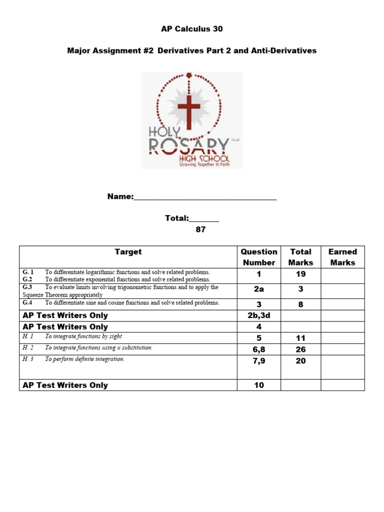 Major Assignment 2 Derivatives Part 2 And Anti Derivatives Pdf