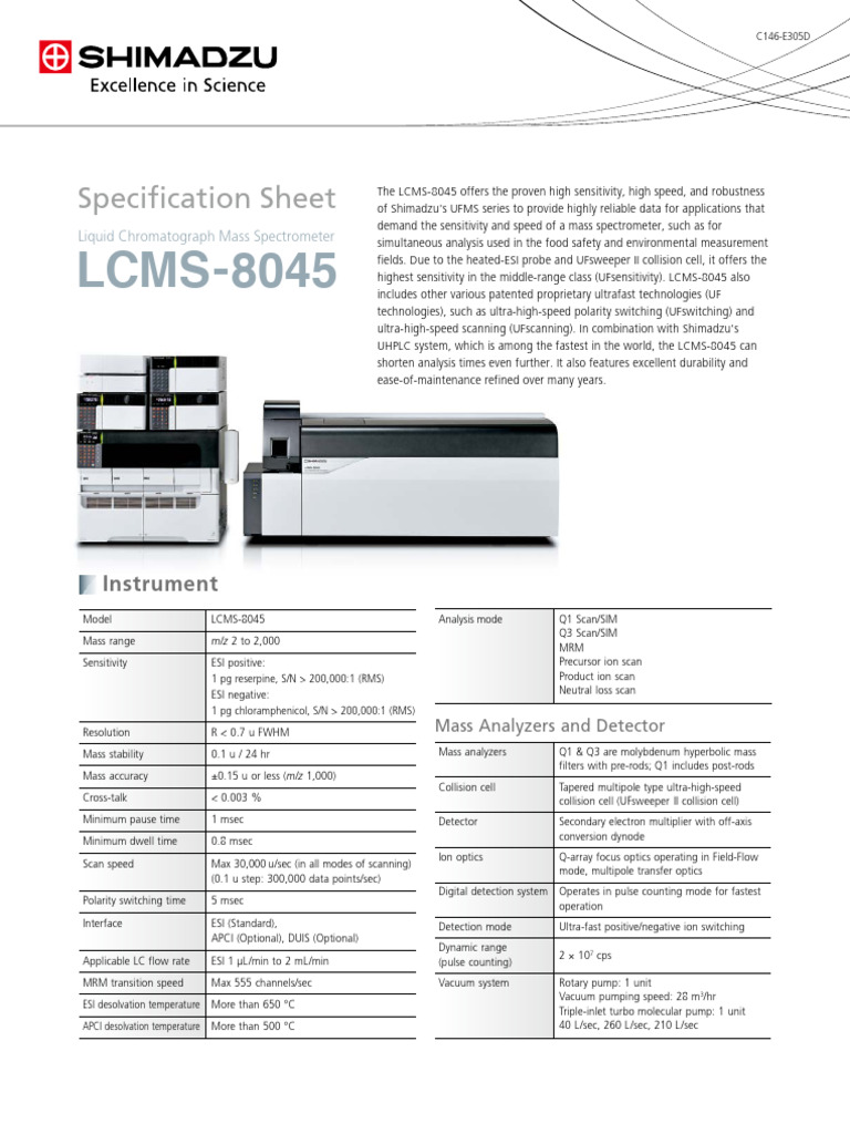 sHIMADZU - Specification Sheet - LCMS-8045 | PDF | Scientific Techniques | Analytical Chemistry