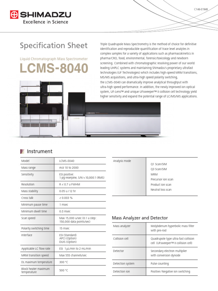sHIMADZU - Specification Sheet - LCMS-8040 | PDF | Techniques | Mass