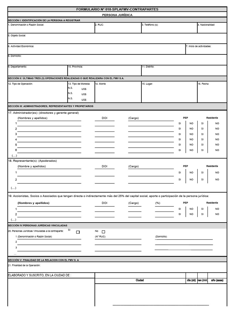 Formulario #018-SPLAFMV-Contraparte (Persona Jurídica) | PDF ...