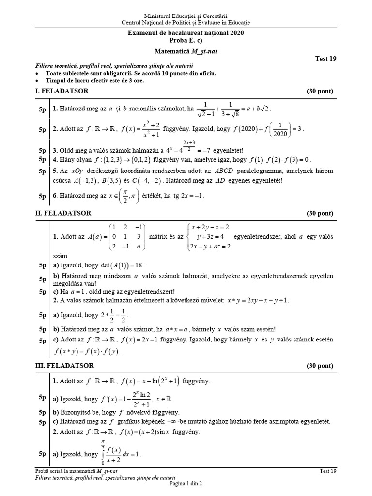 E C Matematica M St-Nat 2020 Test 19 LB - Maghiara | PDF
