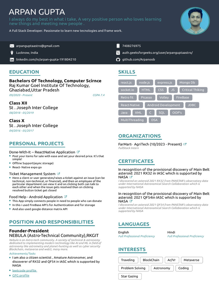 ARPAN's Resume | PDF | Amateur Astronomy | Computing