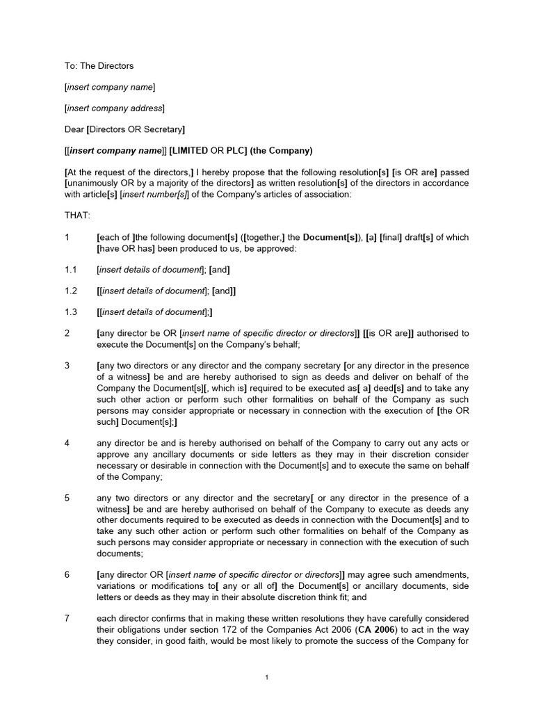 Written Resolutions - Directors | PDF | Statutory Law | Common Law