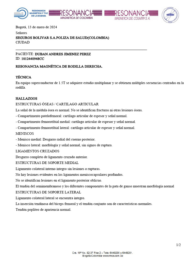 Reporte Medico | Descargar gratis PDF | Rodilla | Extremidades (anatomía)