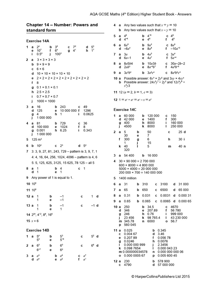 AQA GCSE Maths Higher Student Book Answers - 14 Powers and Standard Form | PDF