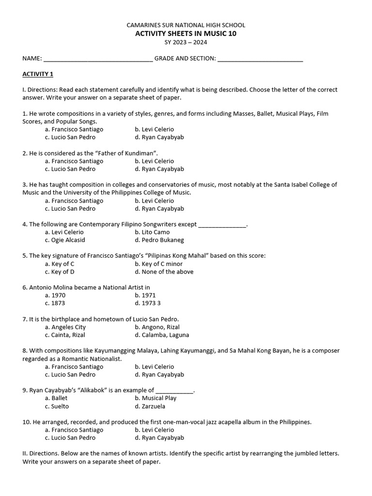 Music Pe Health 10 Activity Sheets | PDF