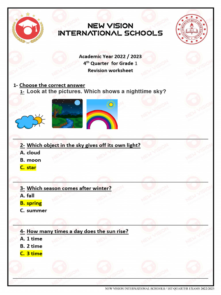 Grade 1 4th Quarter Revision Worksheet | PDF