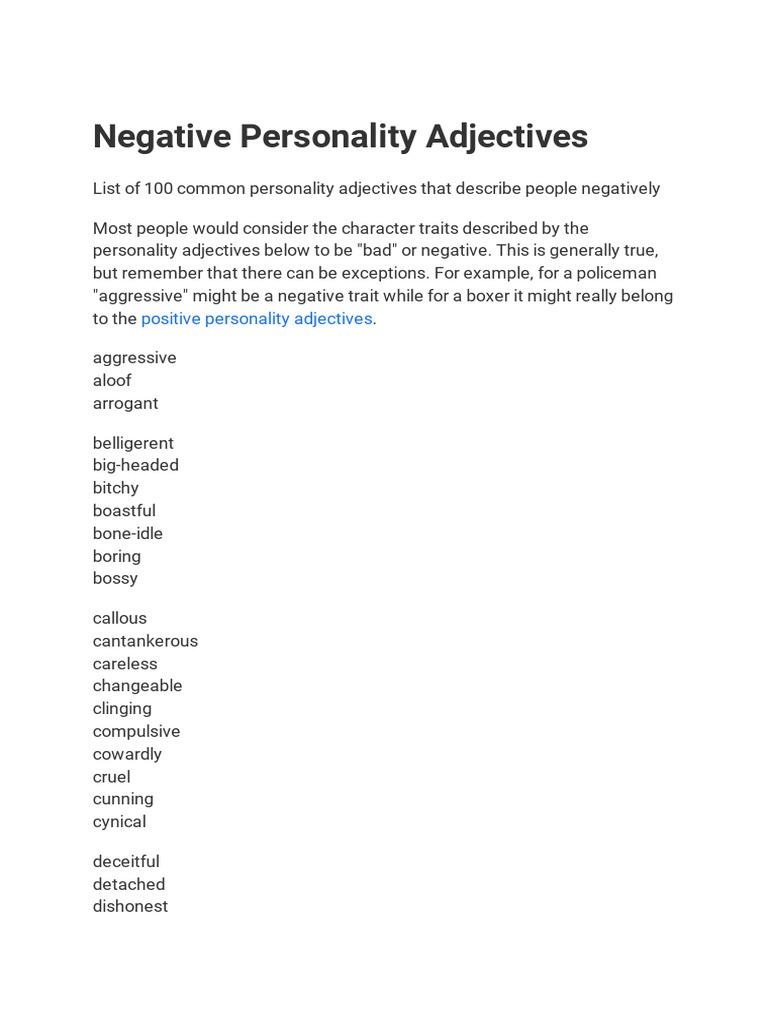 Negative Personality Adjectives | PDF | Self-Improvement