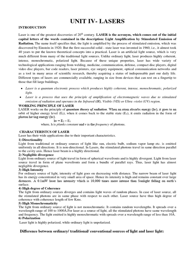 Unit 4 - Laser Notes | PDF | Laser | Emission Spectrum