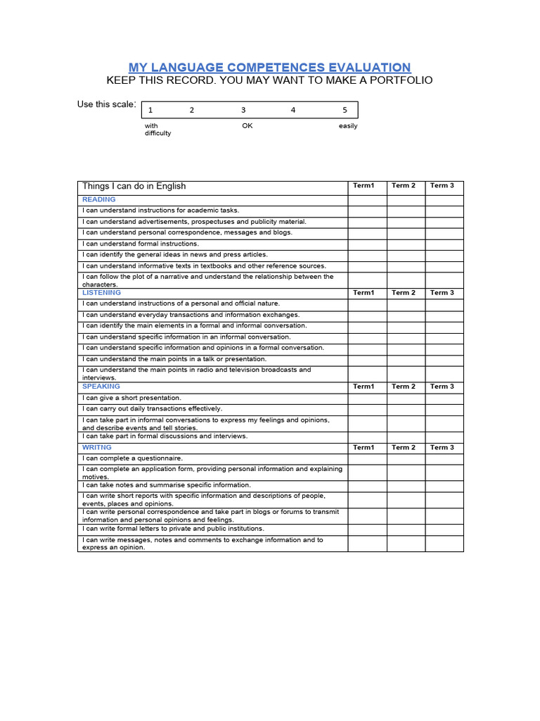 My Language Competences Evaluation | PDF | Information | English Language