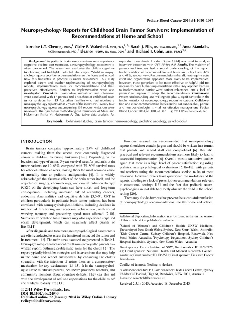 Neuropsychology Reports For Childhood Brain Tumor Survivors ...