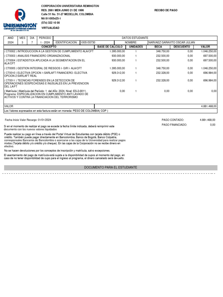 RES. 2661 MEN JUNIO 21 DE 1996 Recibo de Pago: Documento para El Estudiante | PDF | Cheque ...