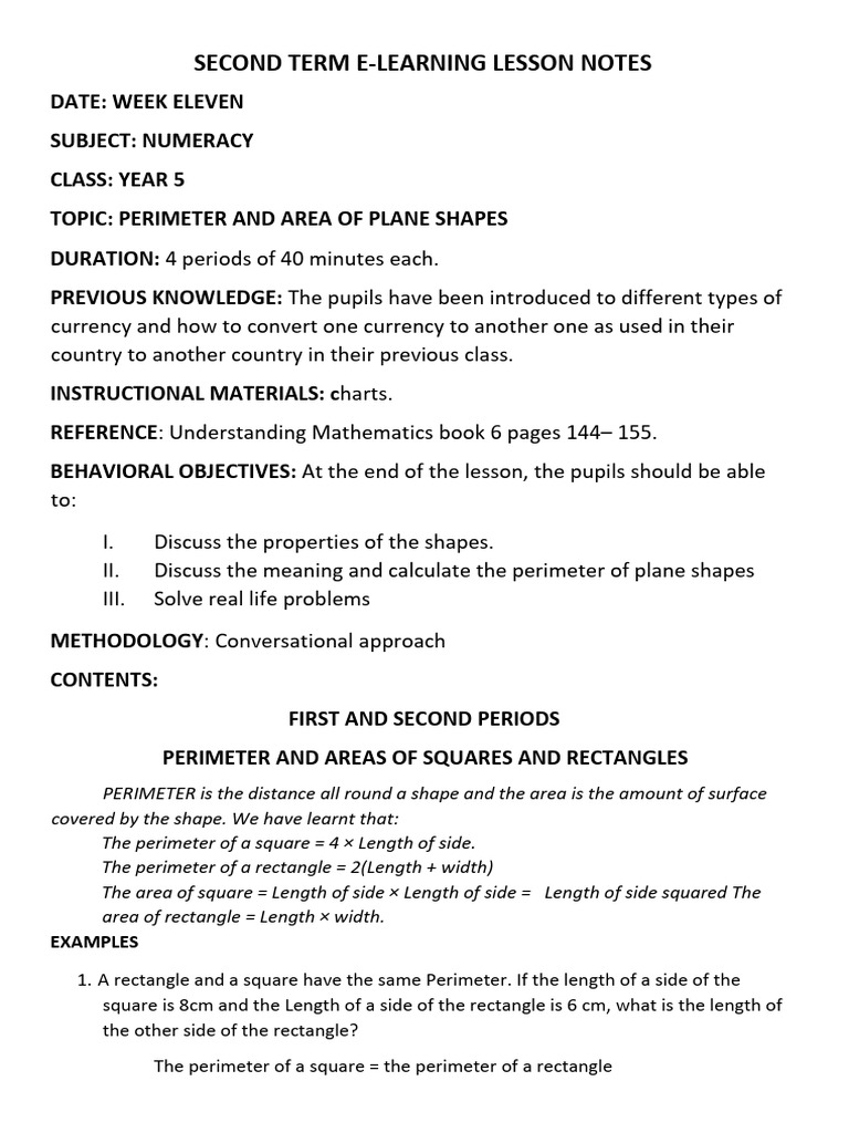 Second Term E-Learning Lesson Notes: Examples | PDF | Area | Length