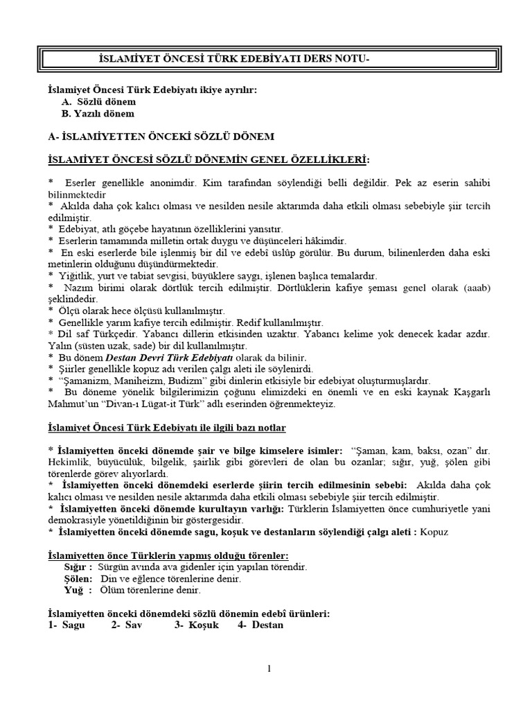 DERS NOTU (İslamiyet Öncesi Edebiyat) | PDF