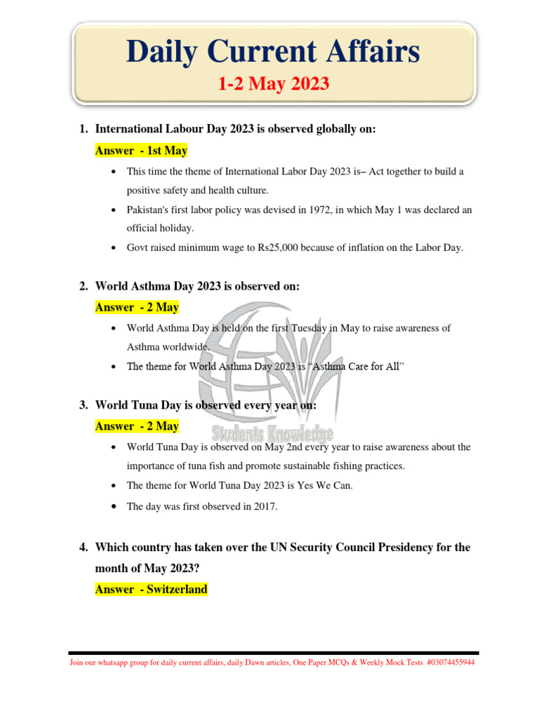 Current Affairs: May 1-2, 2023 Highlights | PDF | United Nations ...