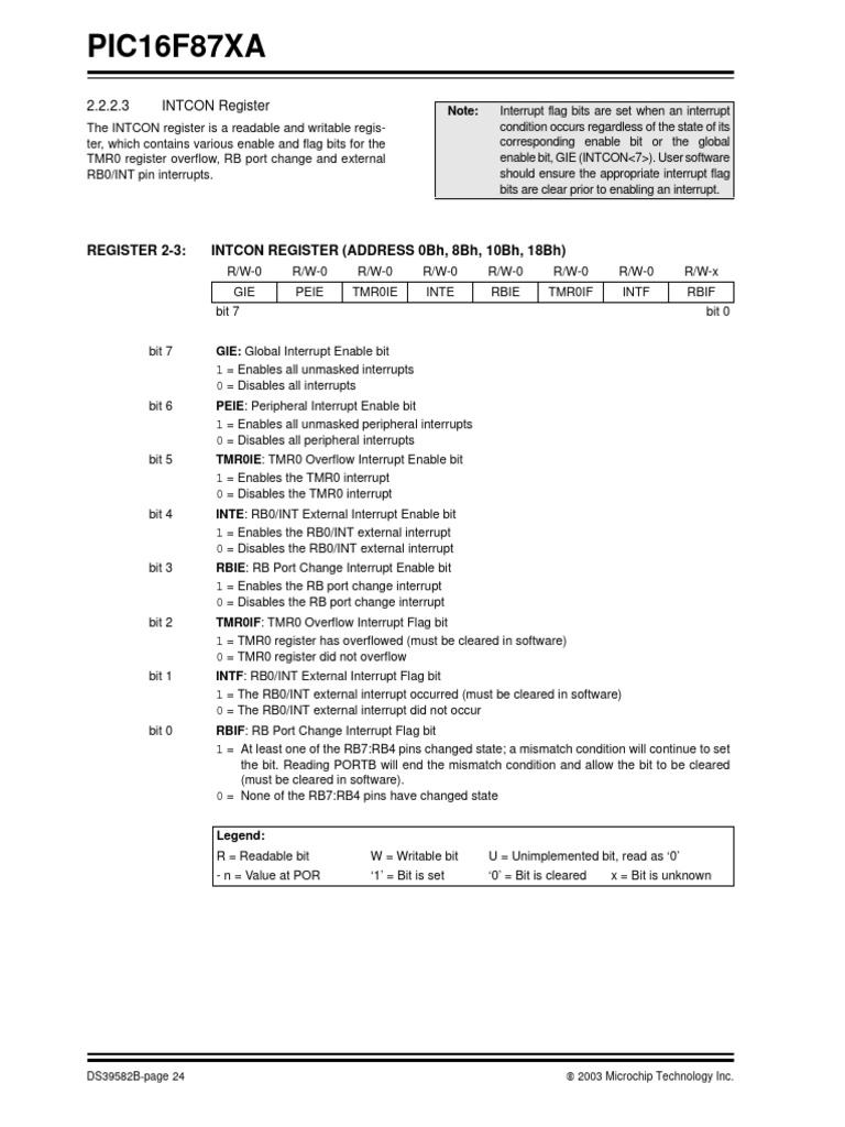 PIC16F87XA: 2.2.2.3 INTCON Register | Download Free PDF | Computer Hardware | Telecommunications