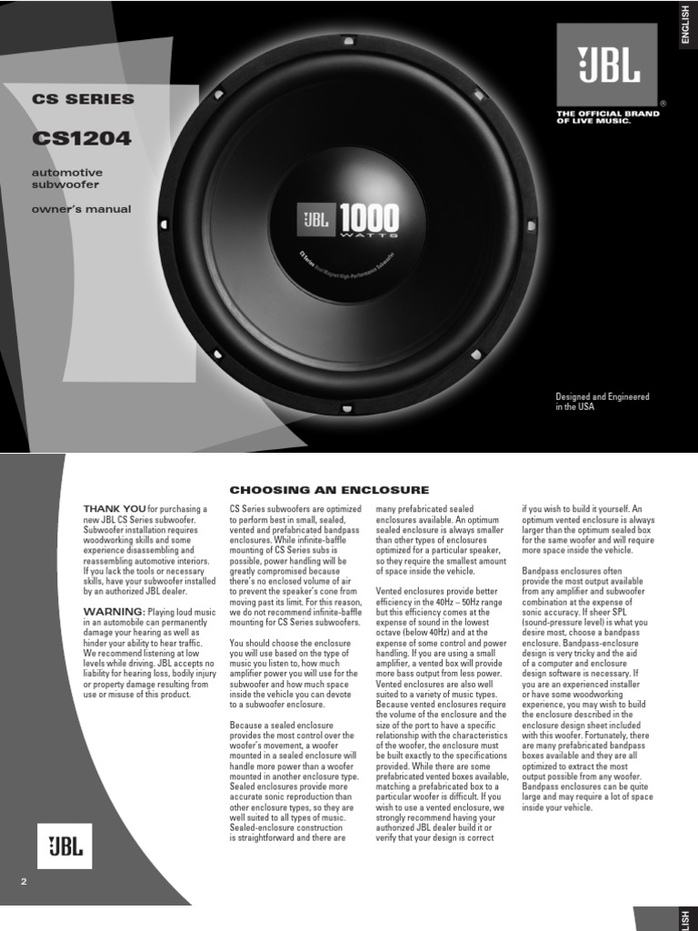 JBL Subwoofer - CS1204 (English) | PDF | Loudspeaker | Acoustics