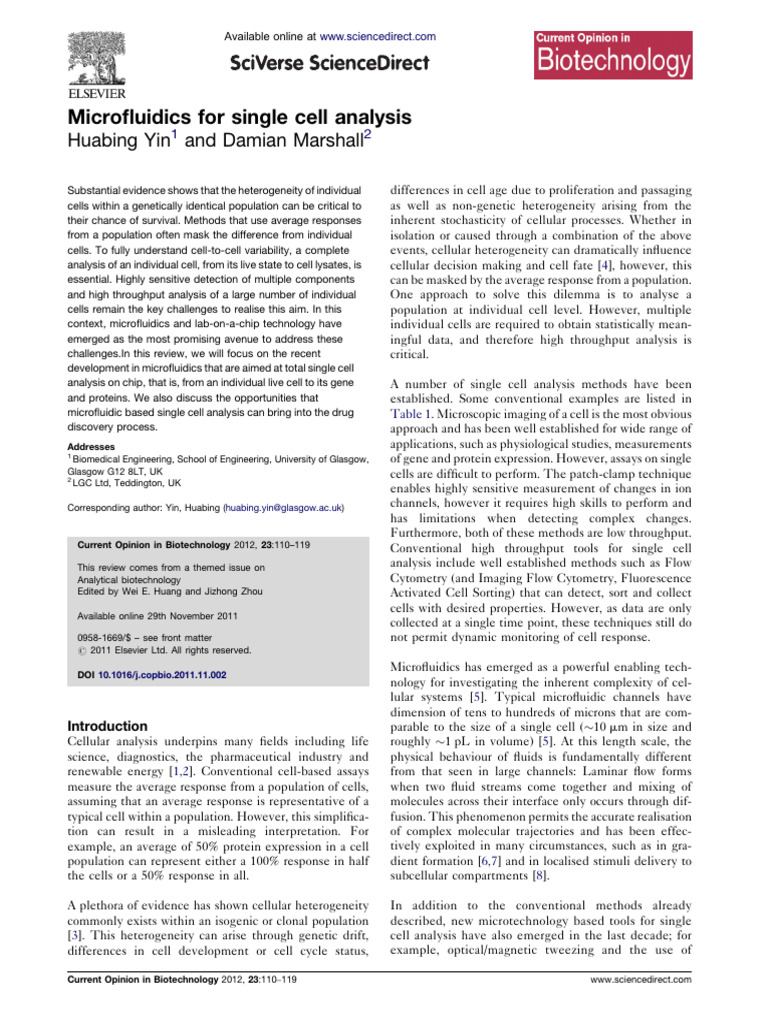 Microfluidics For Single Cell Analysis | PDF | Microfluidics | Proteomics Microfluidics For Single Cell Analysis | PDF | Microfluidics | Proteomics