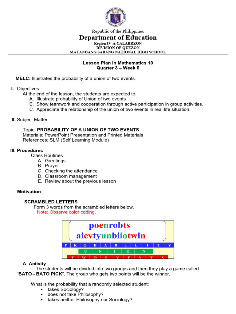 Lesson Plan_Math 10 | PDF | Probability | Spelling