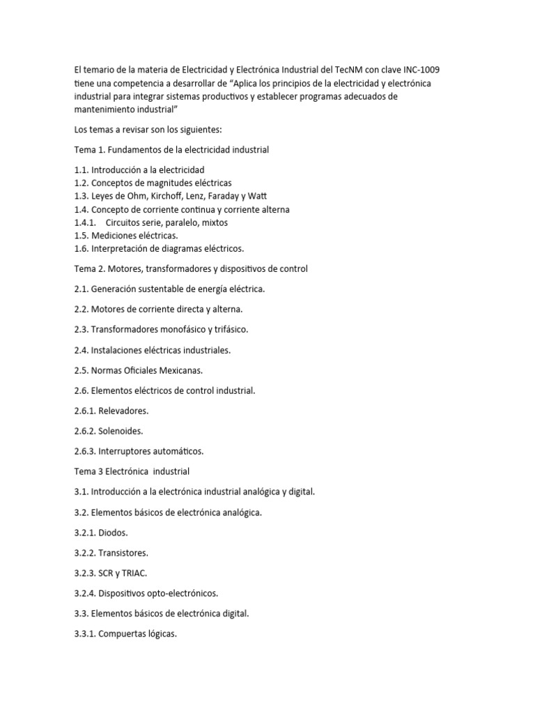 El Temario de La Materia de Electricidad y Electrónica Industrial Del TecNM Con Clave INC | PDF ...