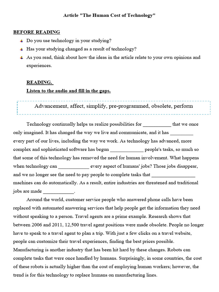 Article - The HUMAN Cost of Technology (With Tasks) | PDF | Automation ...