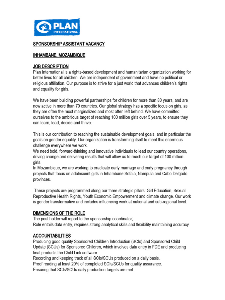 Sponsorship Assistant - Job - Description - PLAN | PDF | Communication
