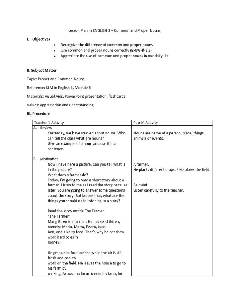 Grade 3 Lesson Plan: Nouns Overview | PDF