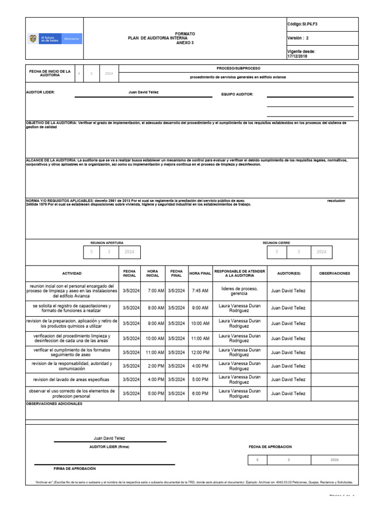 Anexo 3 Plan De Auditoria Interna Si P6 F3 0 0 0 Pdf Auditoría
